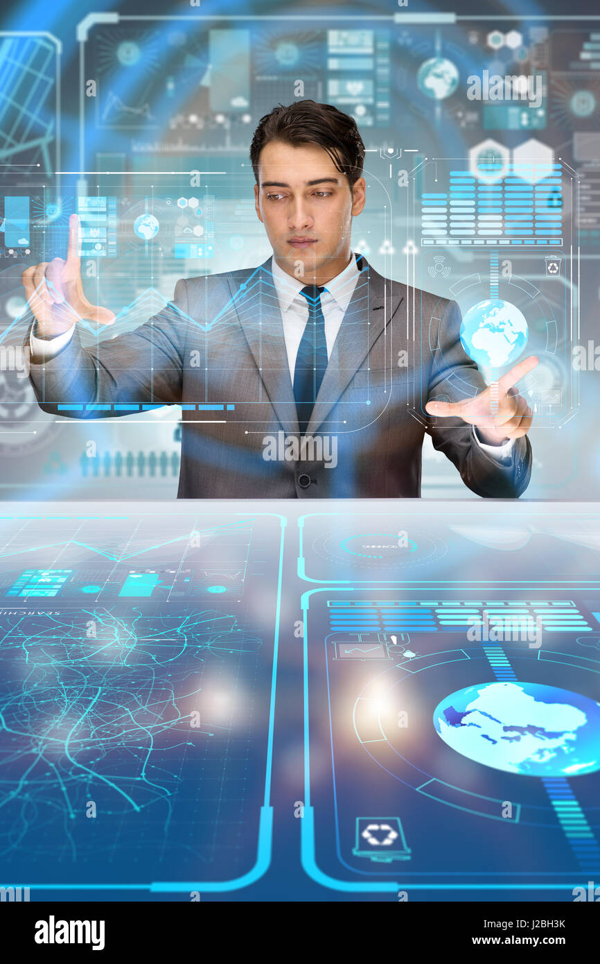Man pressing virtual button in data mining concept Stock Photo - Alamy
