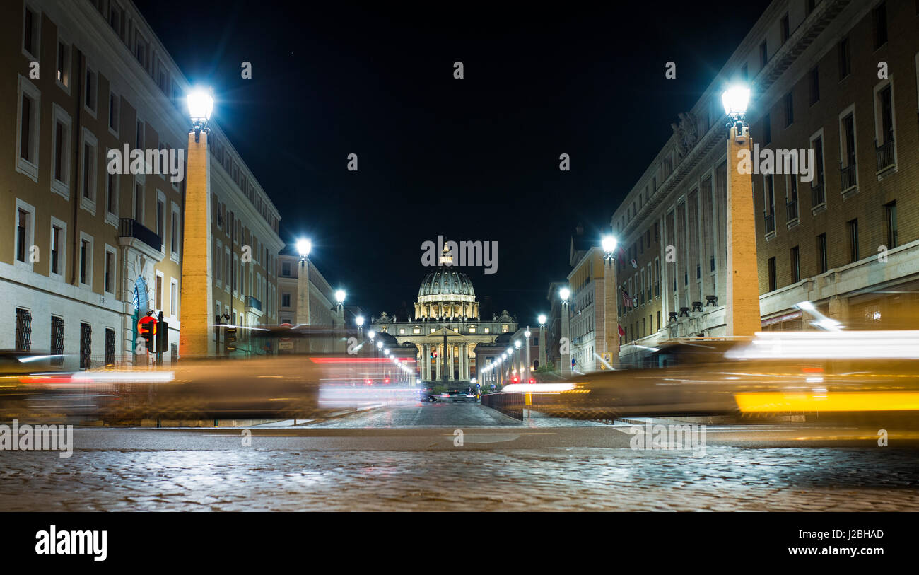 View of illuminated Saint Peter Basilica, Street Via della ...