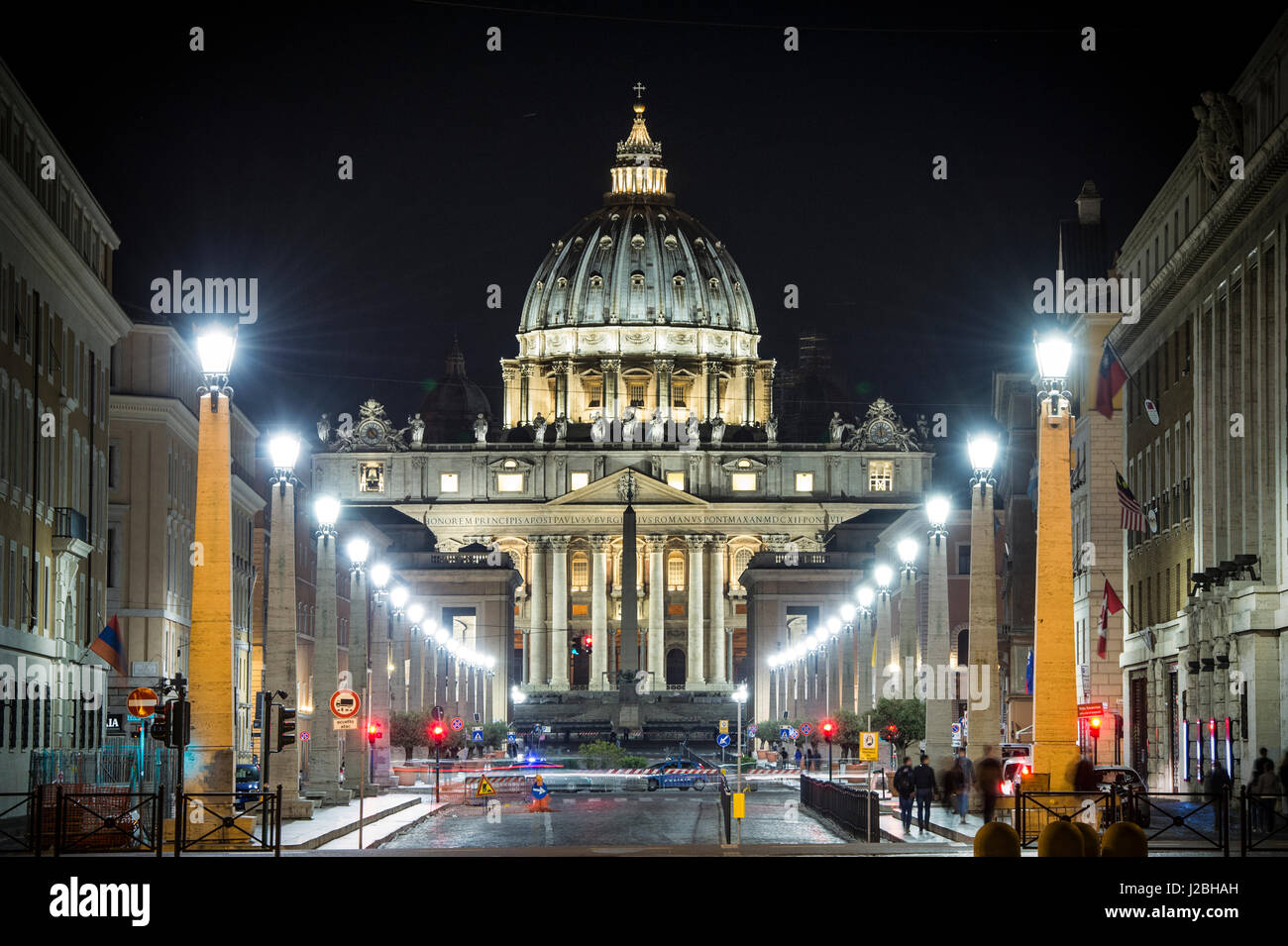 View of illuminated Saint Peter Basilica, Street Via della ...