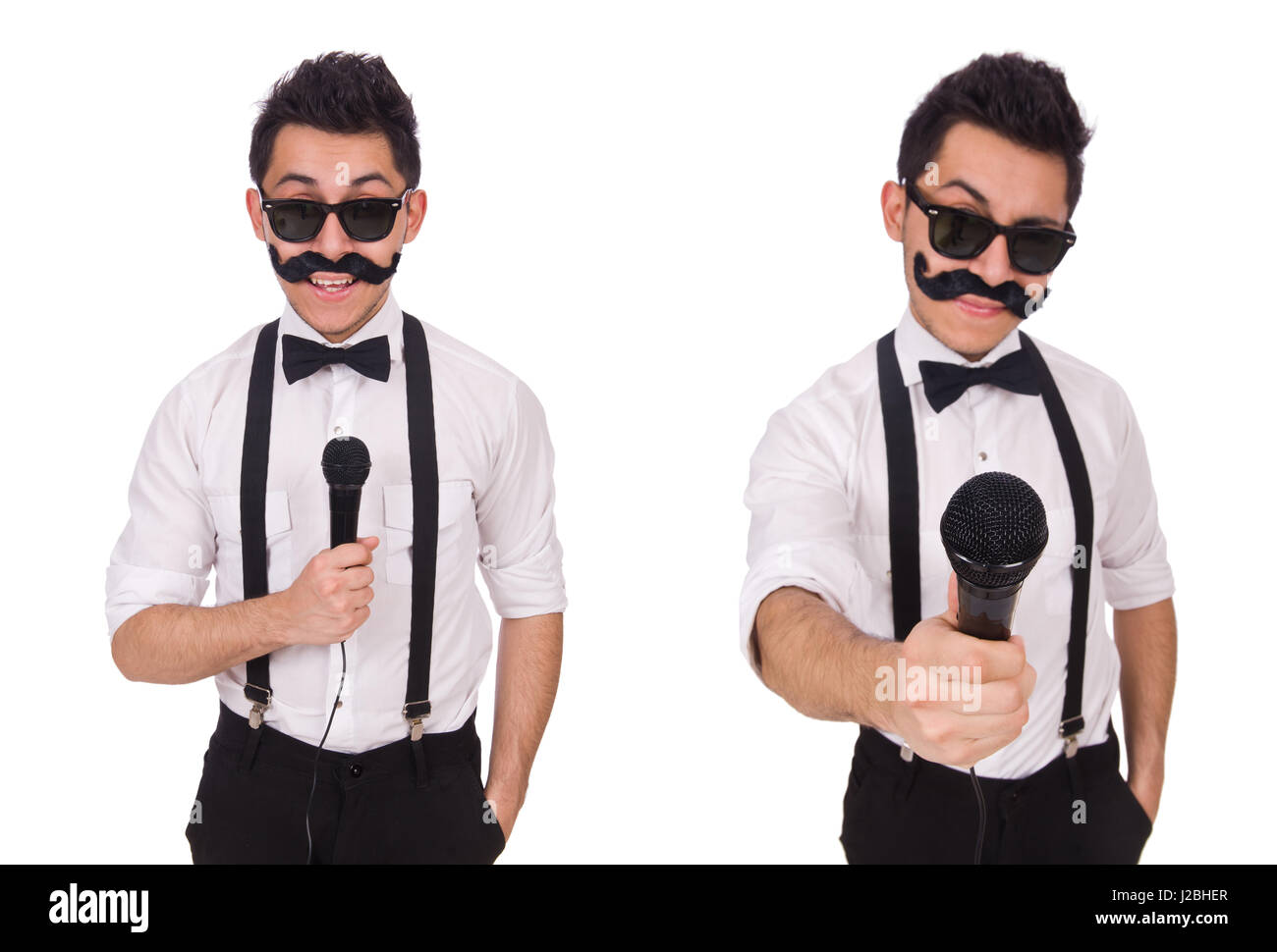 Funny man with mic isolated on white Stock Photo - Alamy