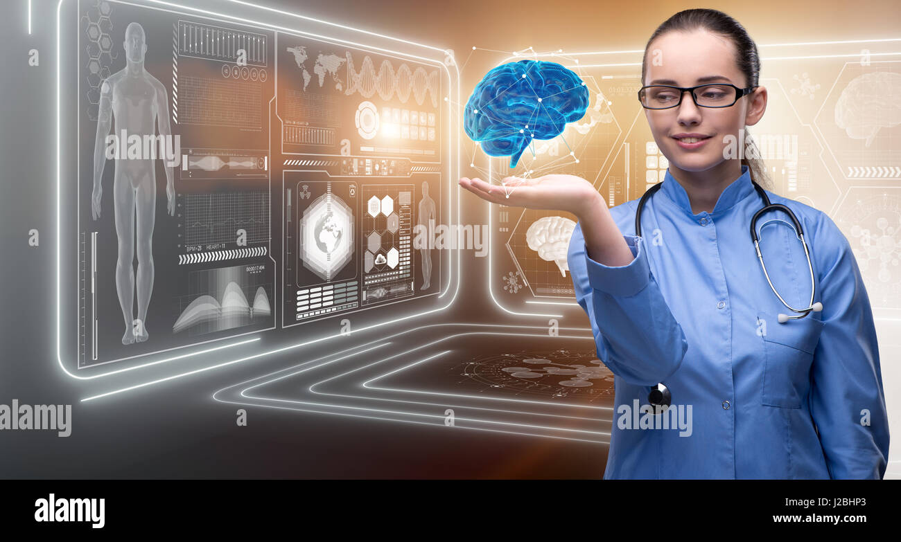 Female doctor with the brain in medical concept Stock Photo - Alamy