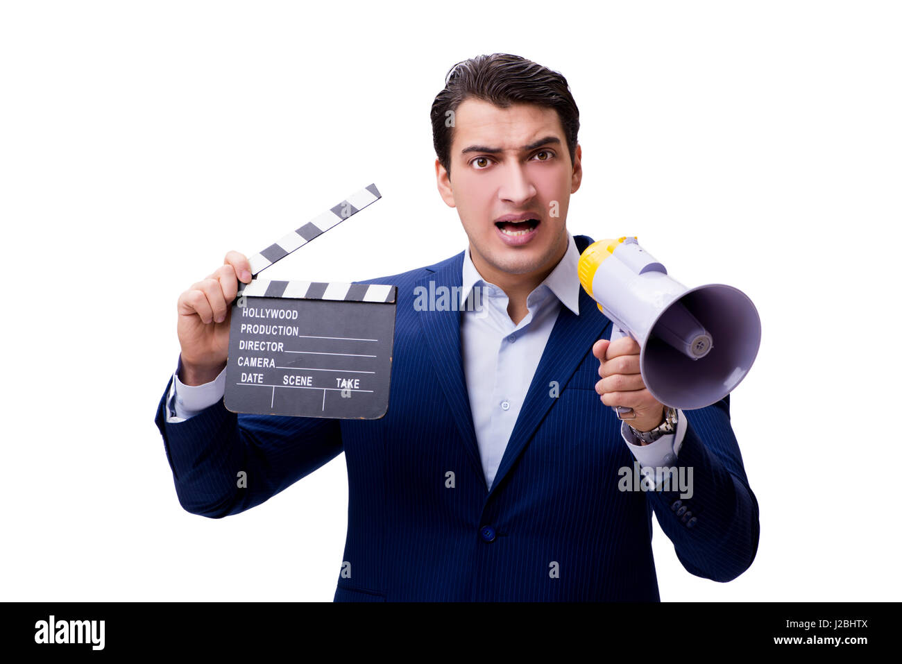 Handsome man with movie clapper isolated on white Stock Photo - Alamy