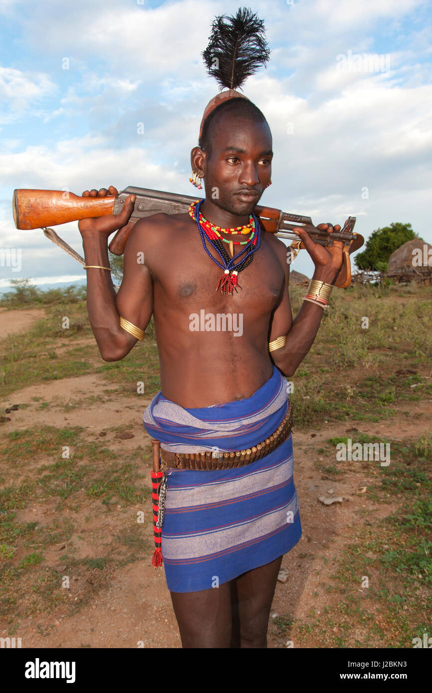 Africa, Ethiopia, Omo River Valley, South Omo, Hamer tribe. Hamer man ...