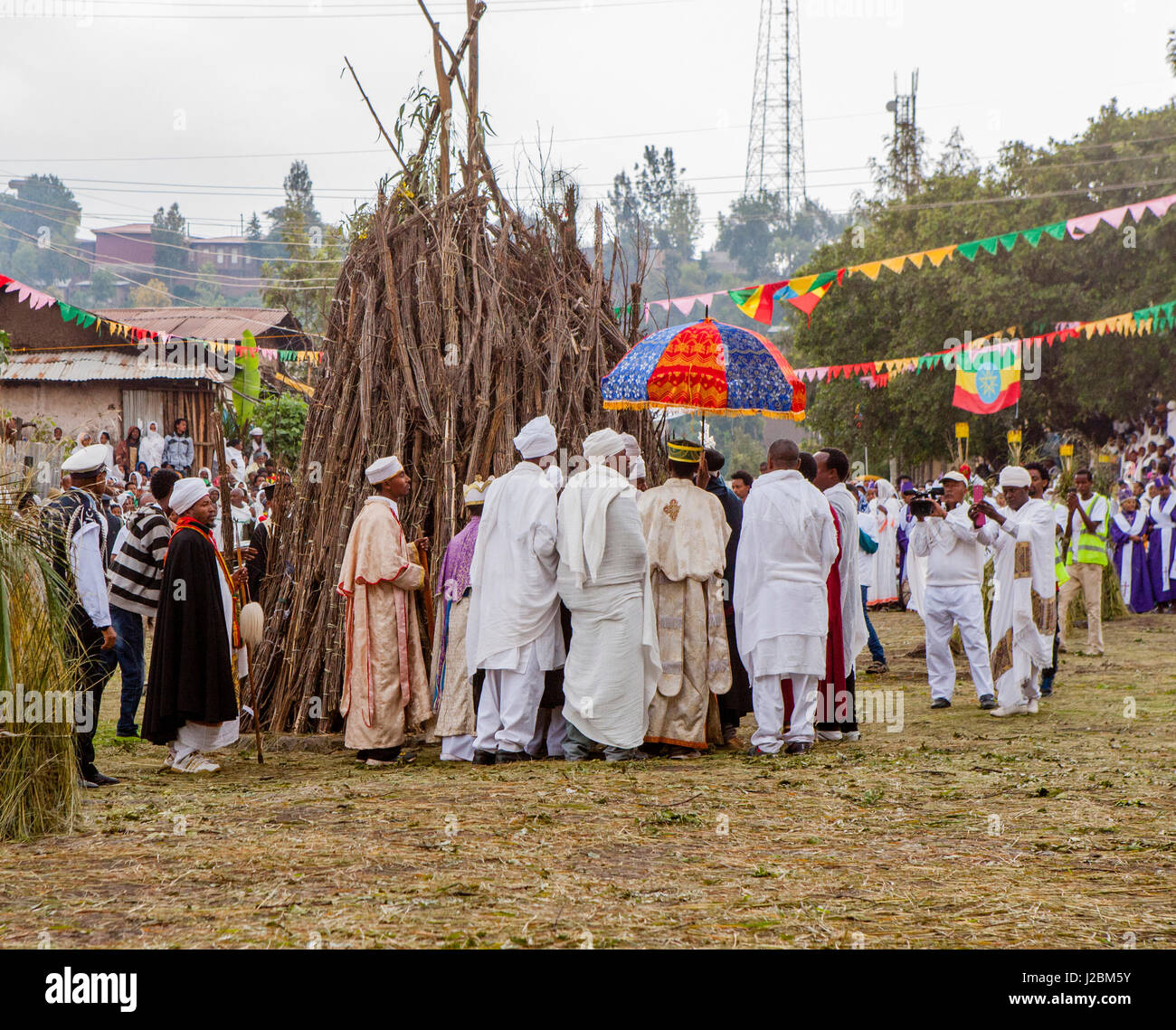 Clergy procession for Meskel celebration. Coptic Christian ceremony ...