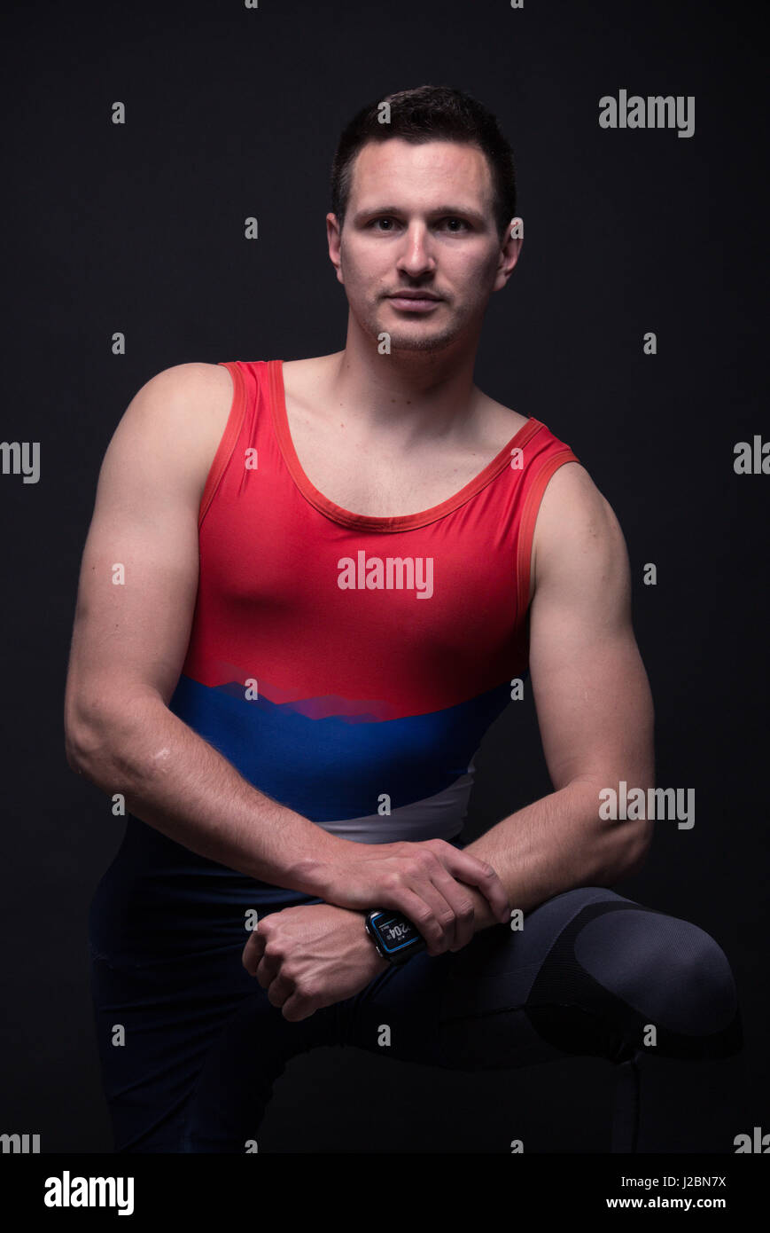one young adult man posing, upper body, kayak canoe sportsman strong ...