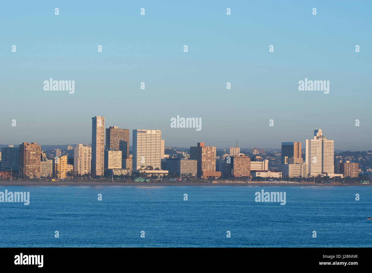South Africa, Durban. Oceanside view of Durban skyline and port area ...