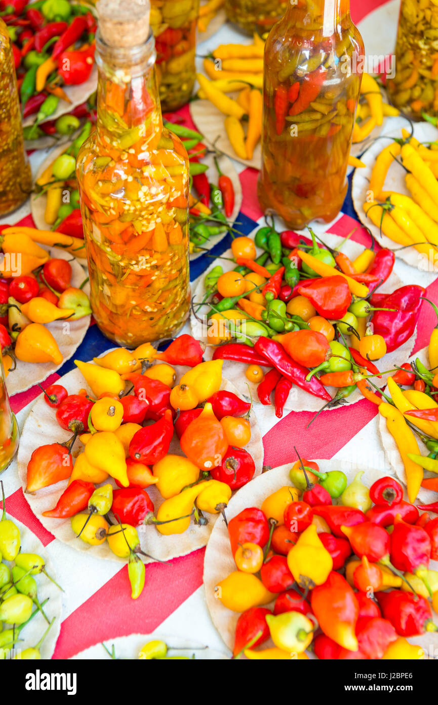Colorful display of hot peppers in yellow, red, and orange strengths at ...