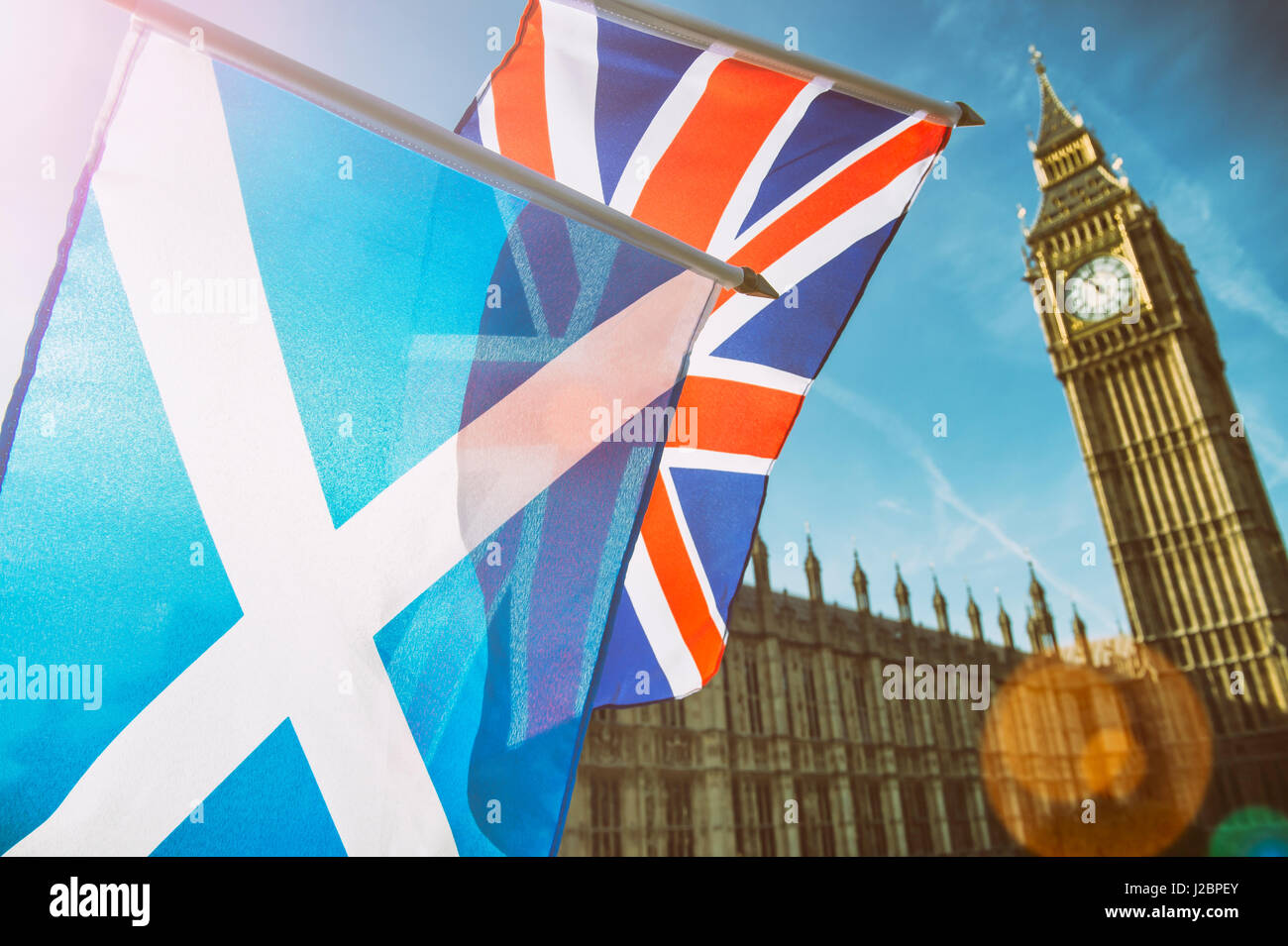 UK and Scottish flags flying together in bright sun in front of the ...