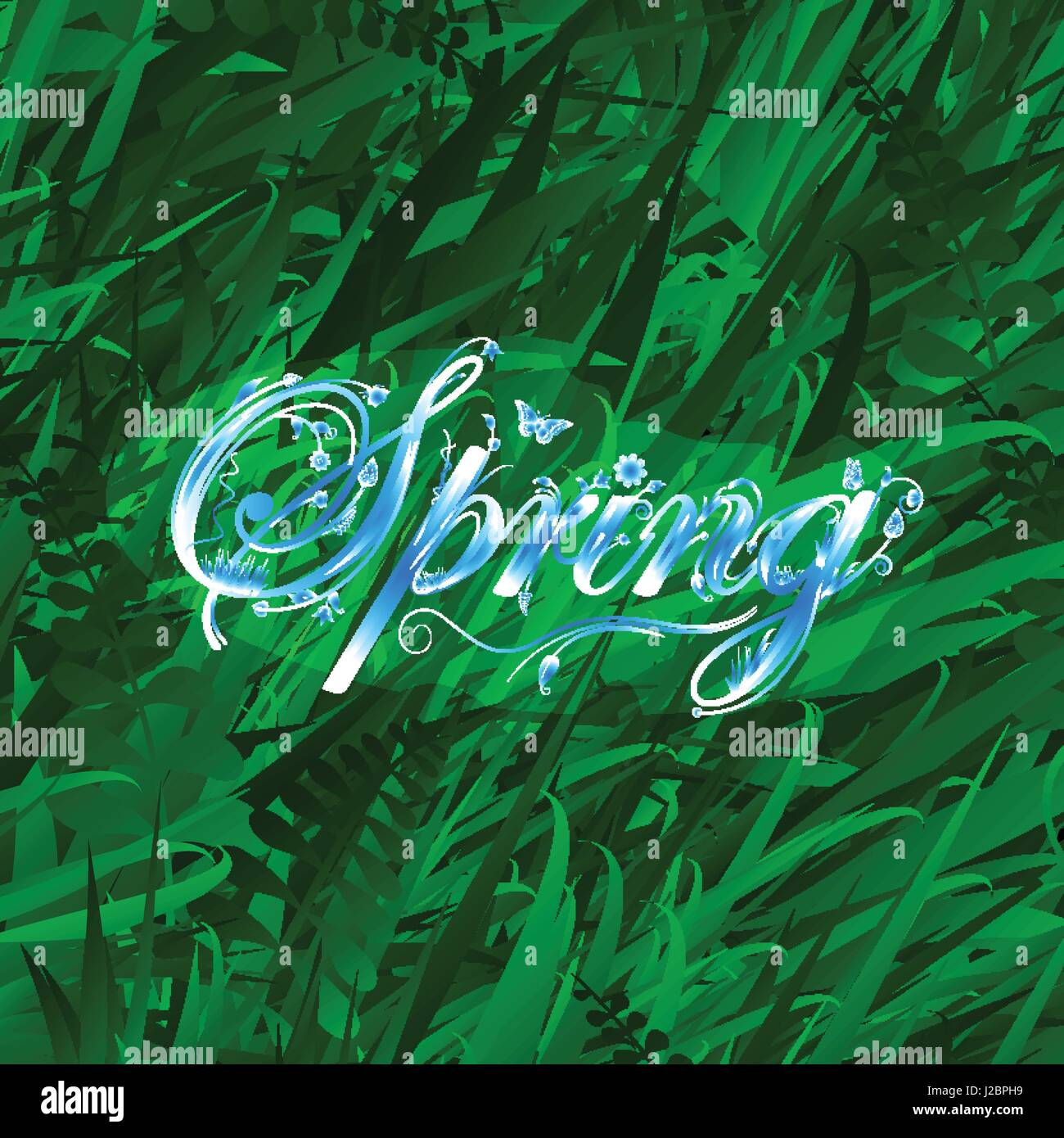 Floral Word Spring in Blue and White Over Green Grass Background Stock ...