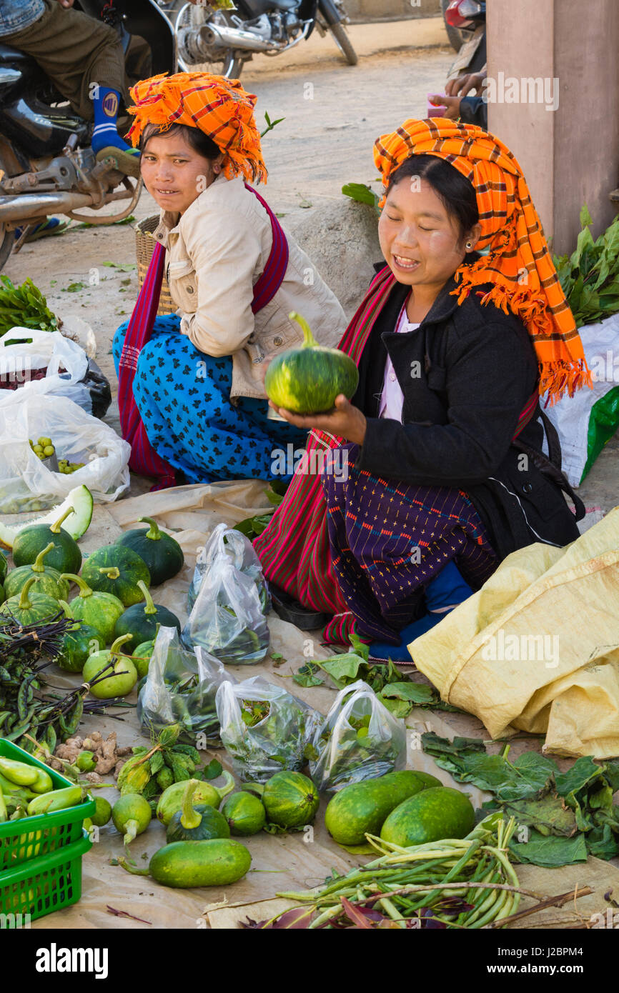 Myanmar. Shan State. Aung Pan. Pa-O tribe women selling gourds in the ...