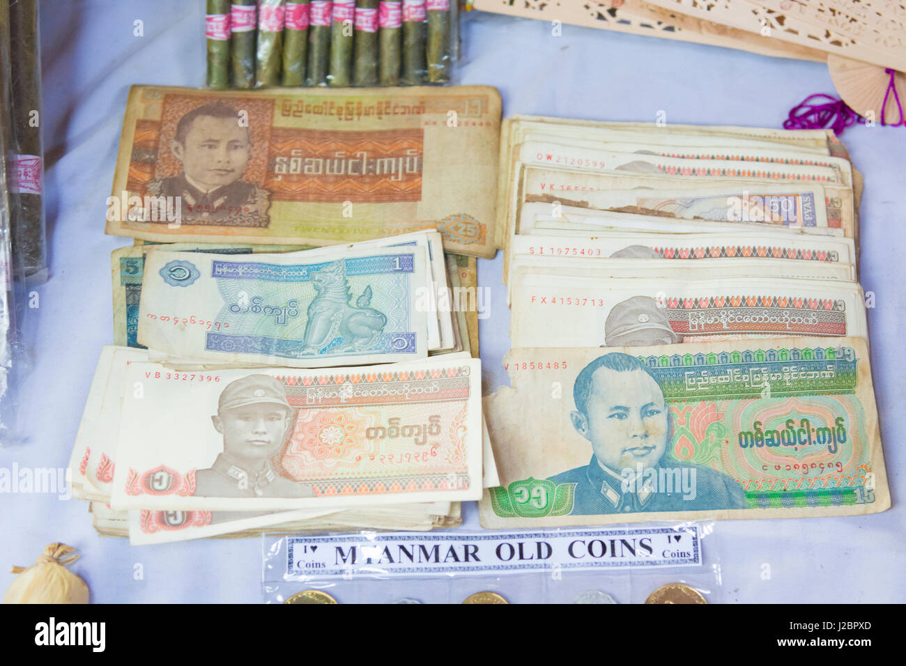 Myanmar. Bagan. Nyaung U. Market. Old currency for sale with image of ...