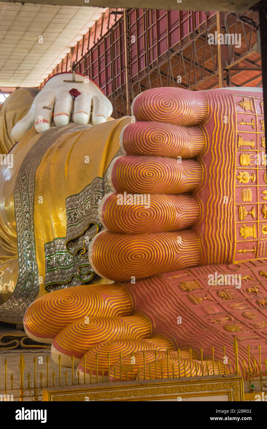 Myanmar. Yangon. Chauk Htat Gyi Pagoda. Giant reclining Buddha. Feet ...