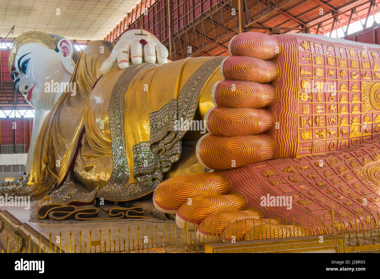 Myanmar. Yangon. Chauk Htat Gyi Pagoda. Giant reclining Buddha. Feet ...