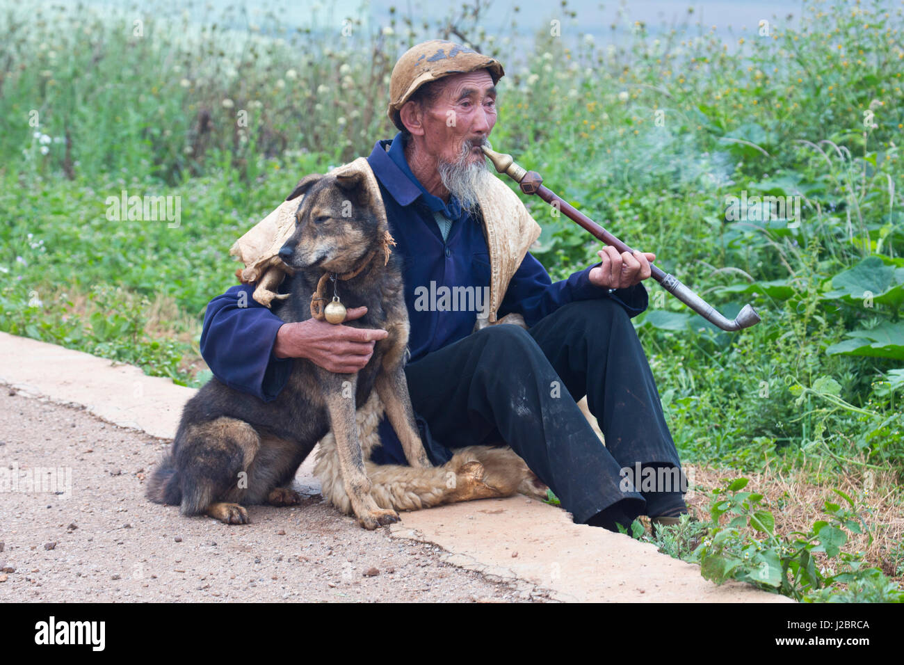 Older Chinese Gentleman with his pipe and dog, Dongchuan red Lands of ...