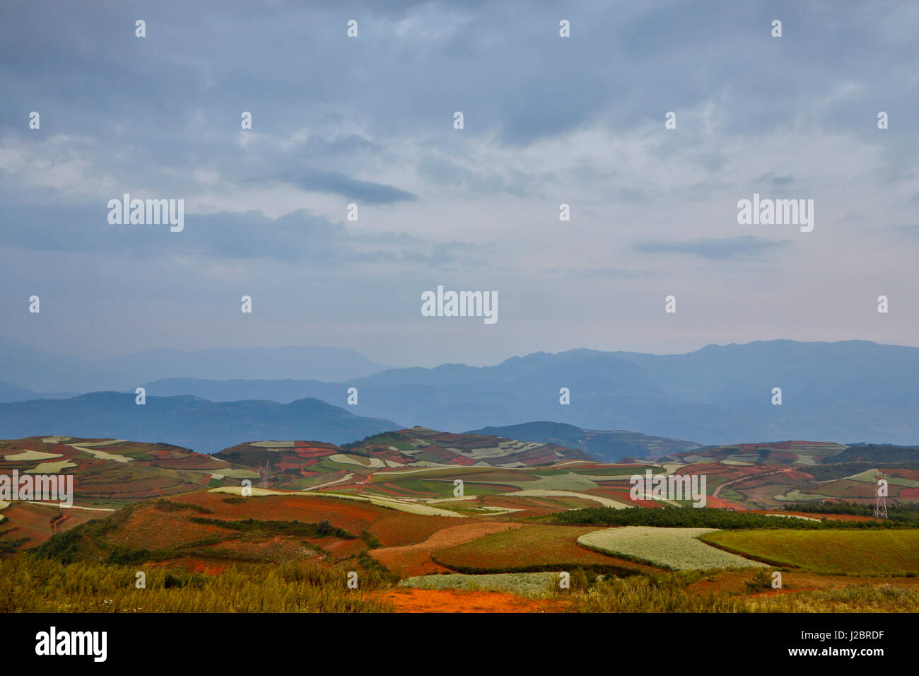 Kunming Dongchuan Red Land area landscape of crop land and rolling ...