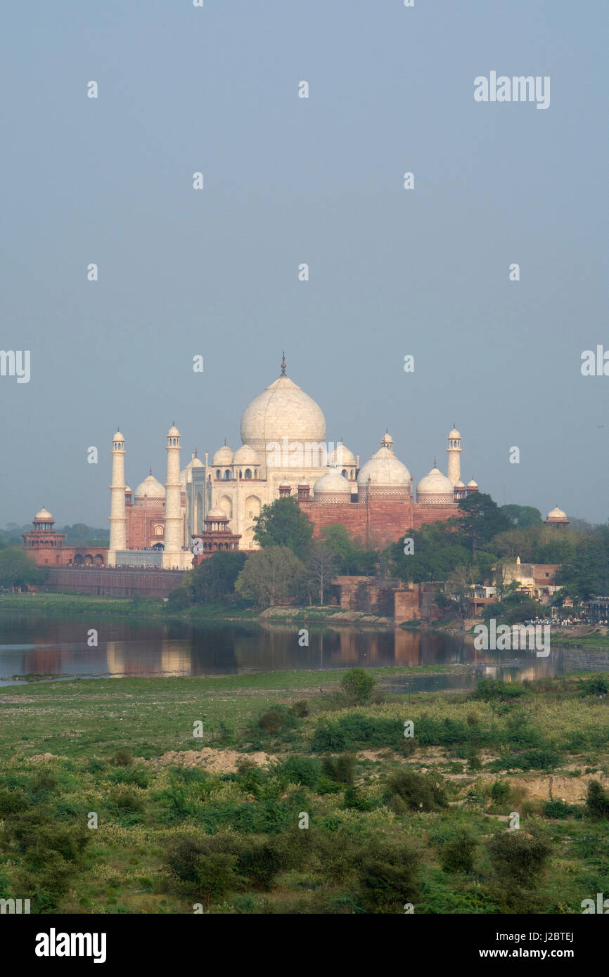 India, Agra. View of the Taj Mahal from the Red Fort of Agra. Sandstone ...