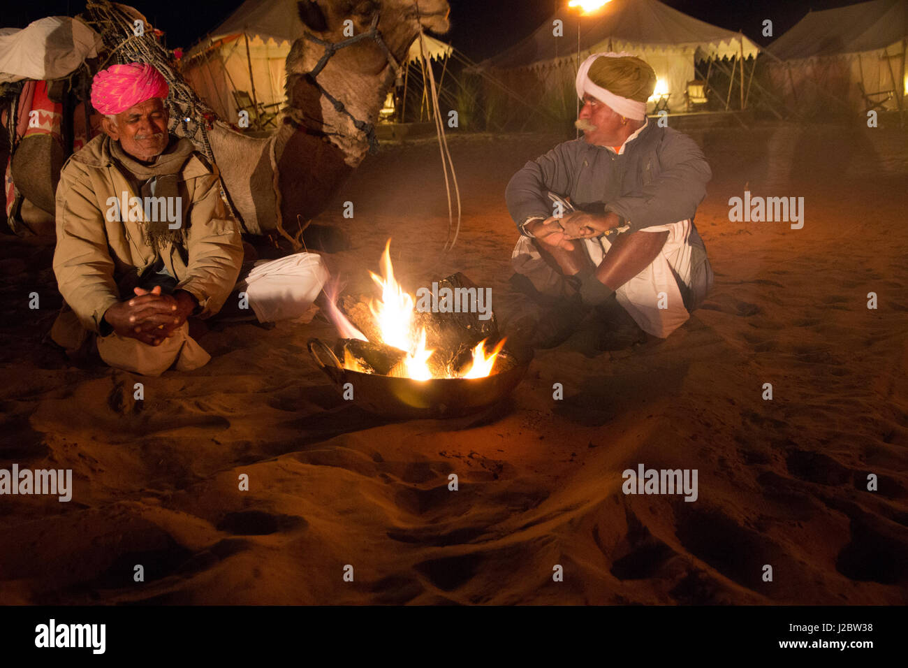 Asia, India, Rajasthan, Manvar, desert, sand dunes. Evening desert fire ...
