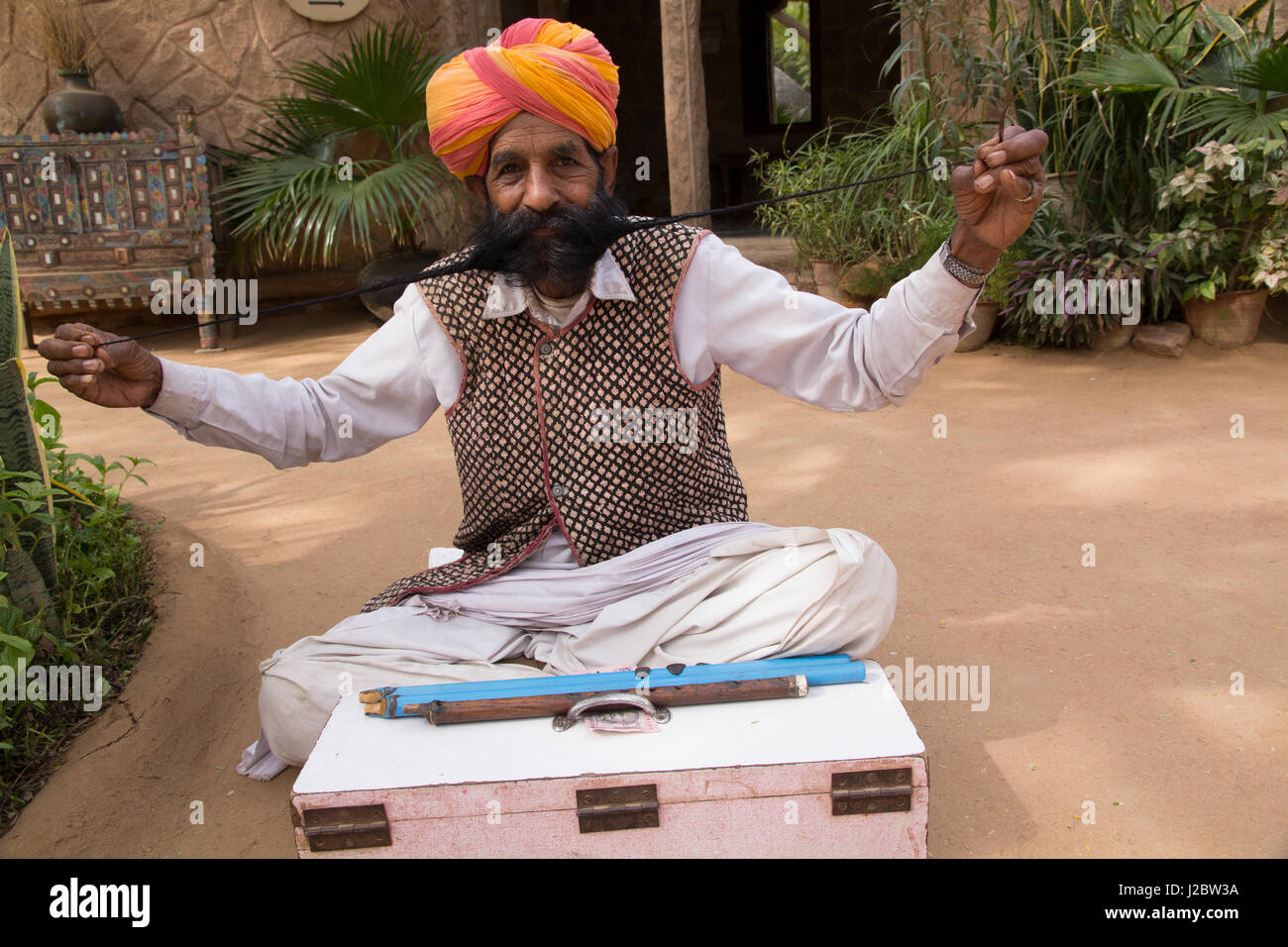 Asia, India, Rajasthan, Manvar Resort, man with extremely long mustache ...