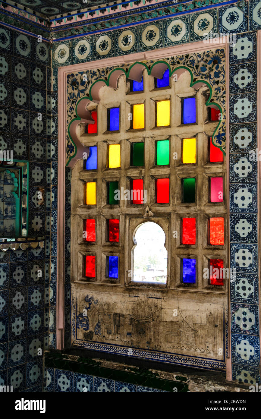 Udaipur, Rajasthan, India. Stain glass window with byzantine tile and ...