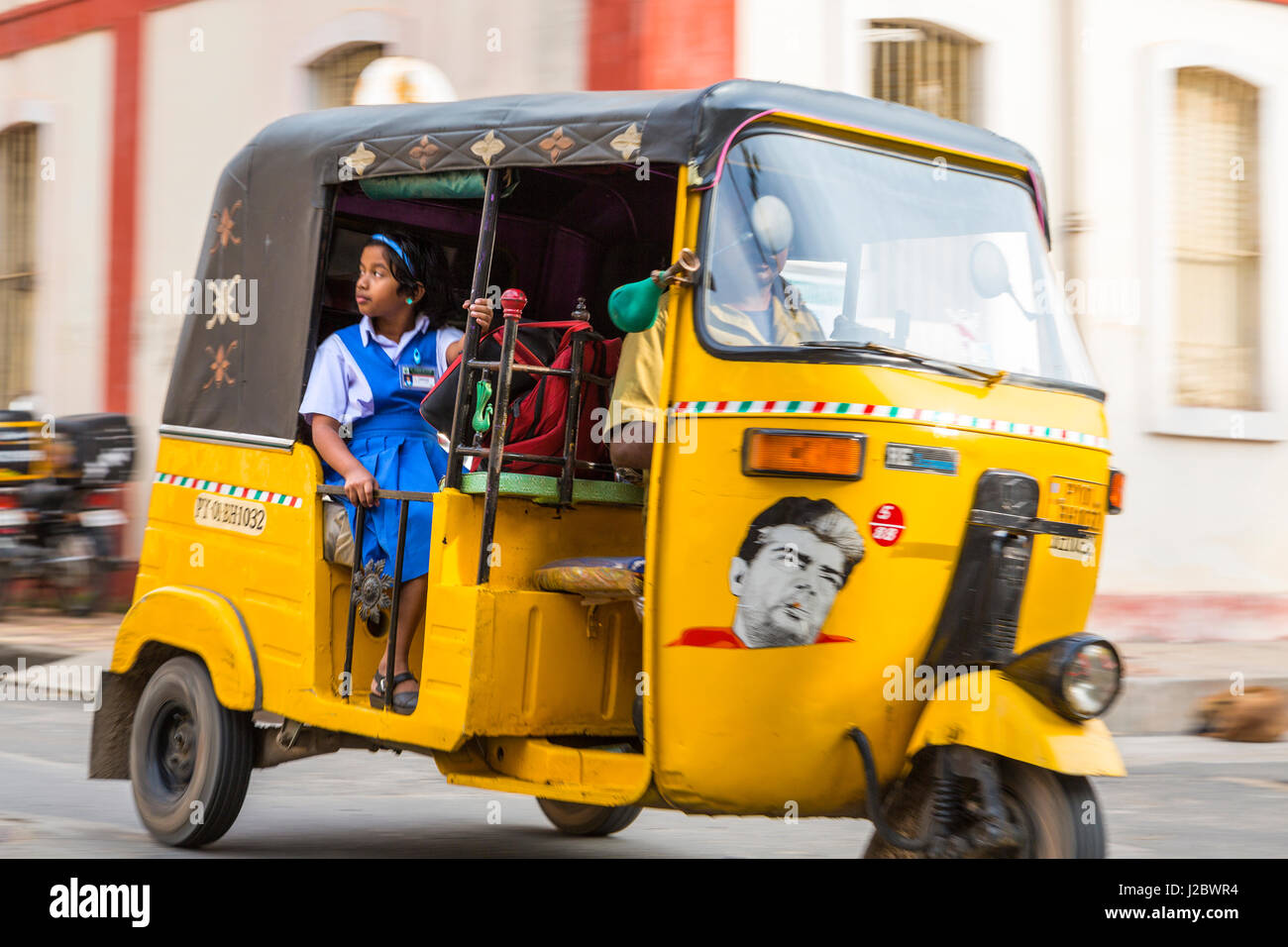 School girl in auto-rickshaw, Pondicherry, Tamil Nadu, India Stock ...