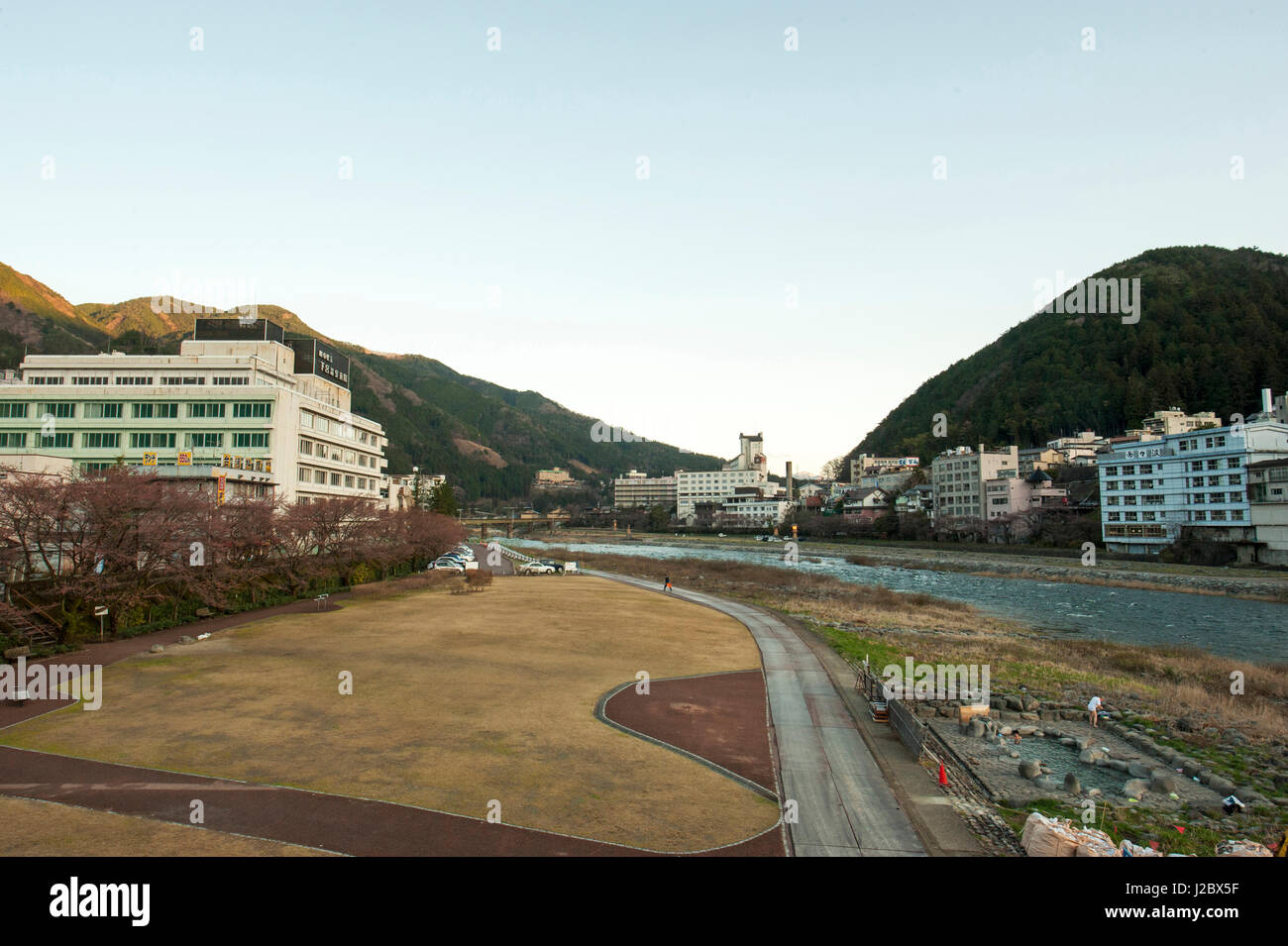 Japan, Gifu, Gero, Panoramic scenery of Hida river at a famous hot ...