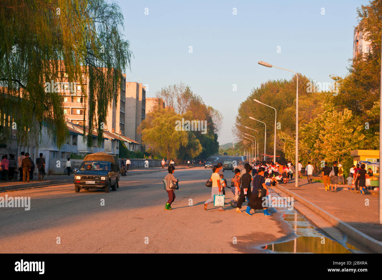Huge communist apartment blocks on empty streets, Pyongyang, North ...