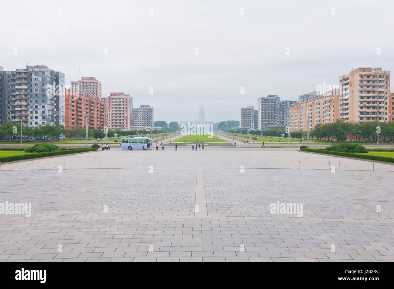 Huge communist apartment blocks on empty streets, Pyongyang, North ...