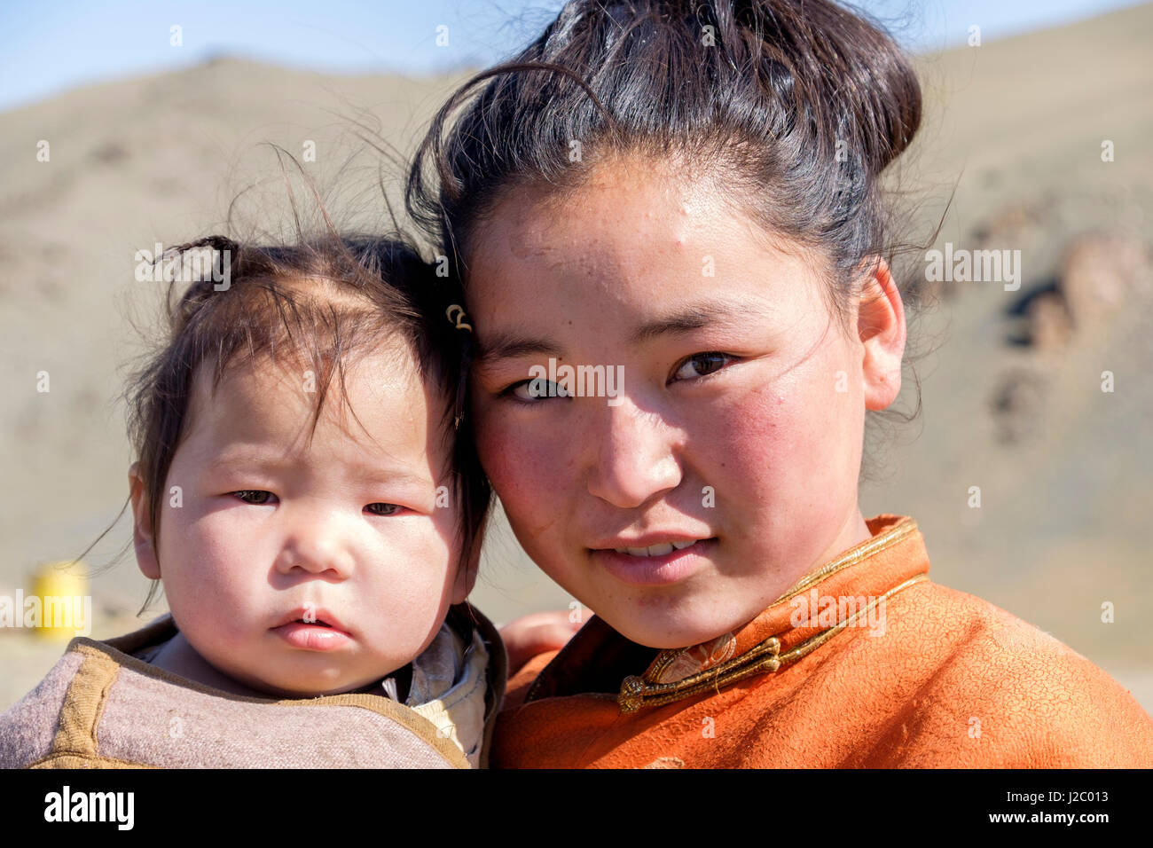 Asia, Western Mongolia, Mongolian woman and child. (Editorial Use Only ...