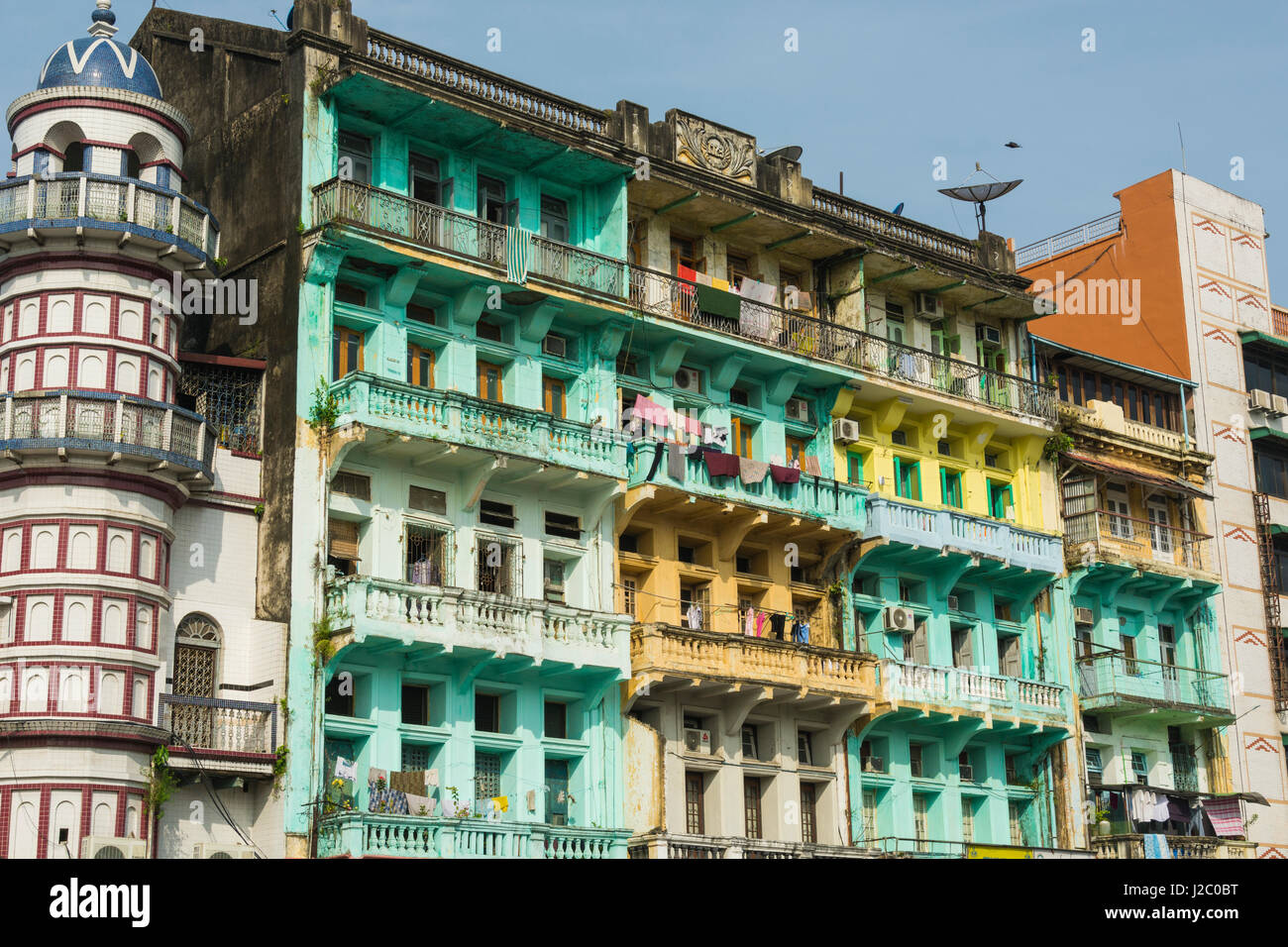 Myanmar. Yangon. Colonial-era apartment buildings abound in the city ...