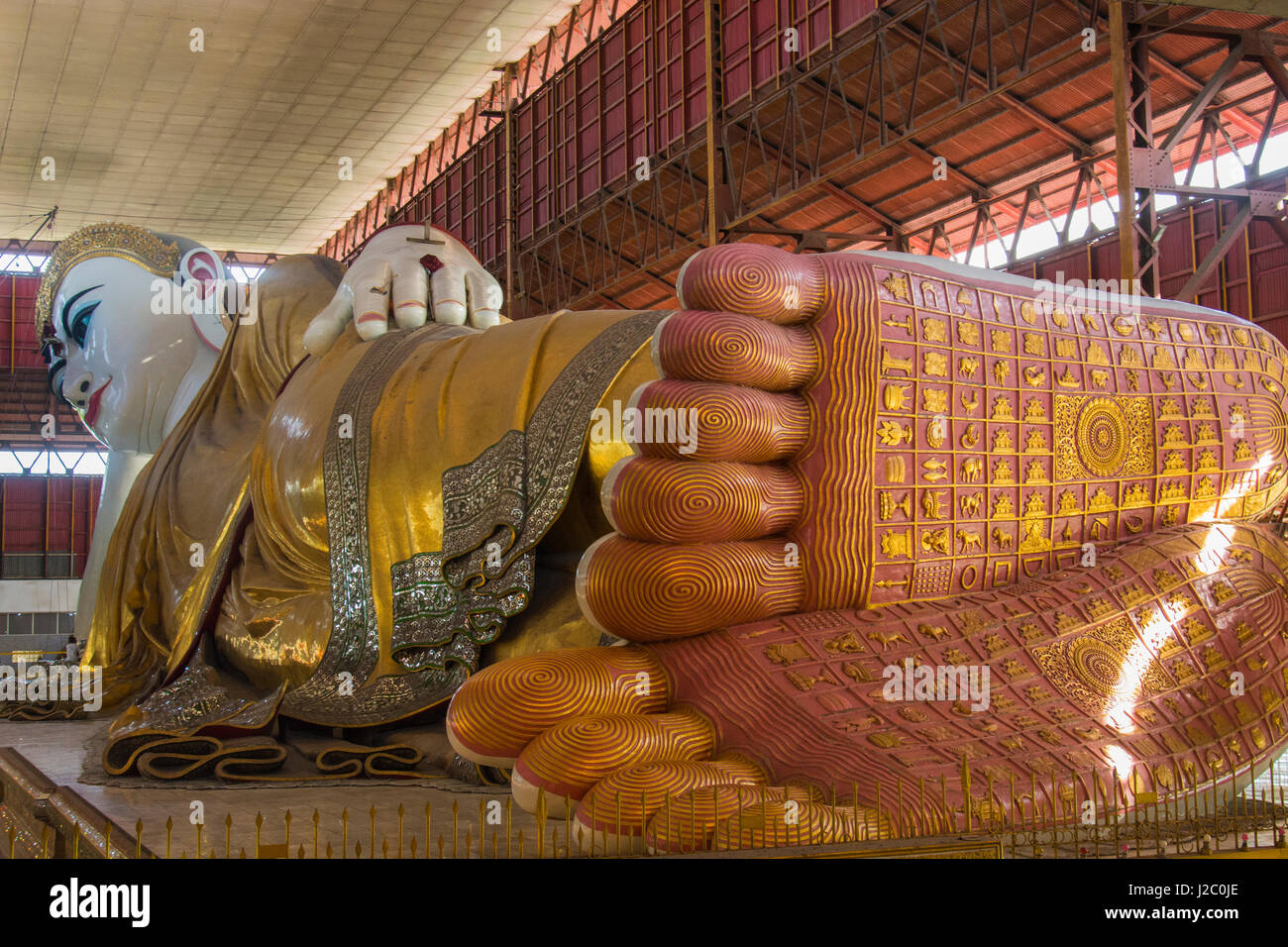 Myanmar. Yangon. Chauk Htat Gyi Pagoda. Giant reclining Buddha. Feet ...