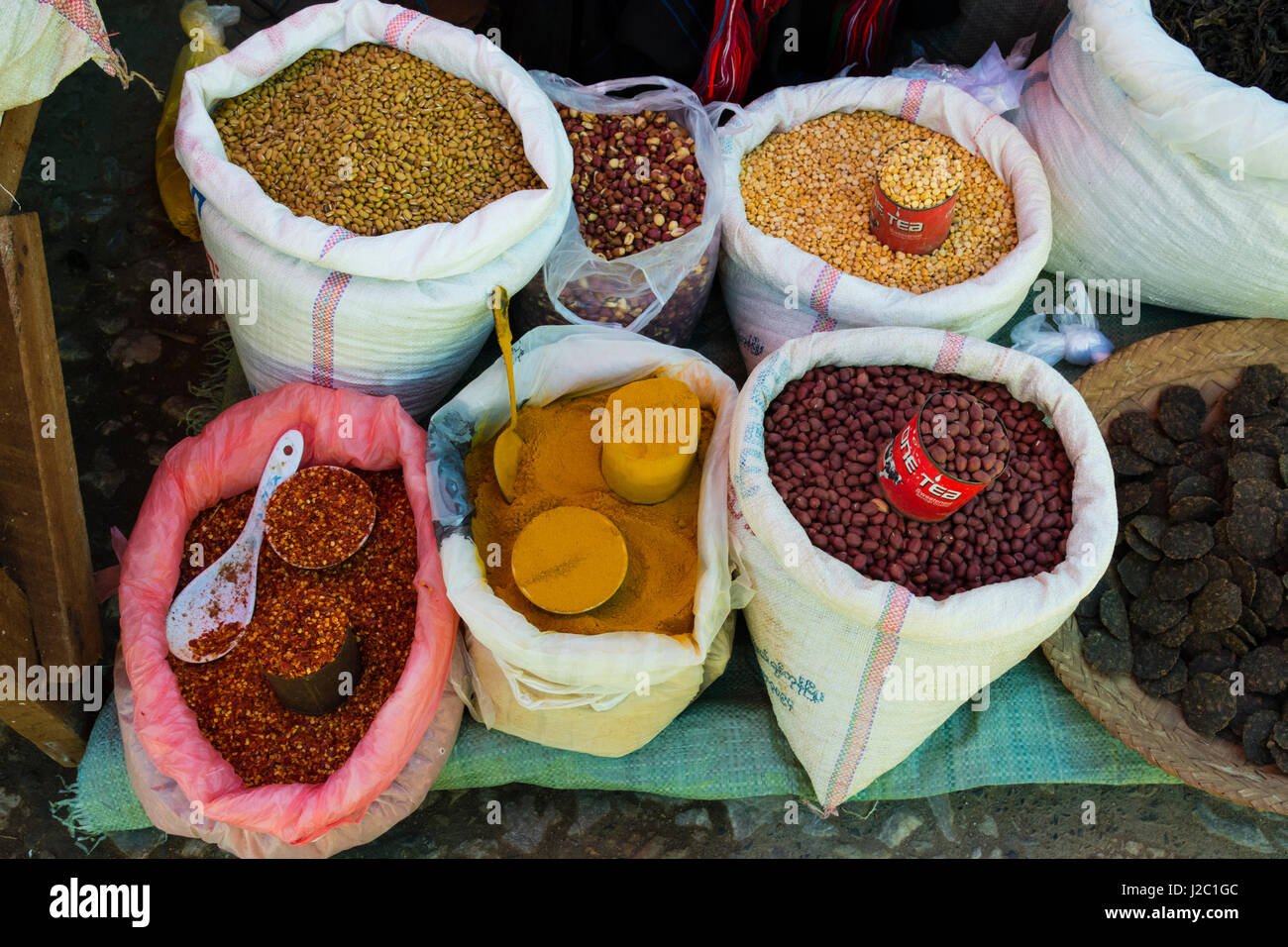 Myanmar. Shan State. Aung Pan market. Spices and beans for sale Stock ...