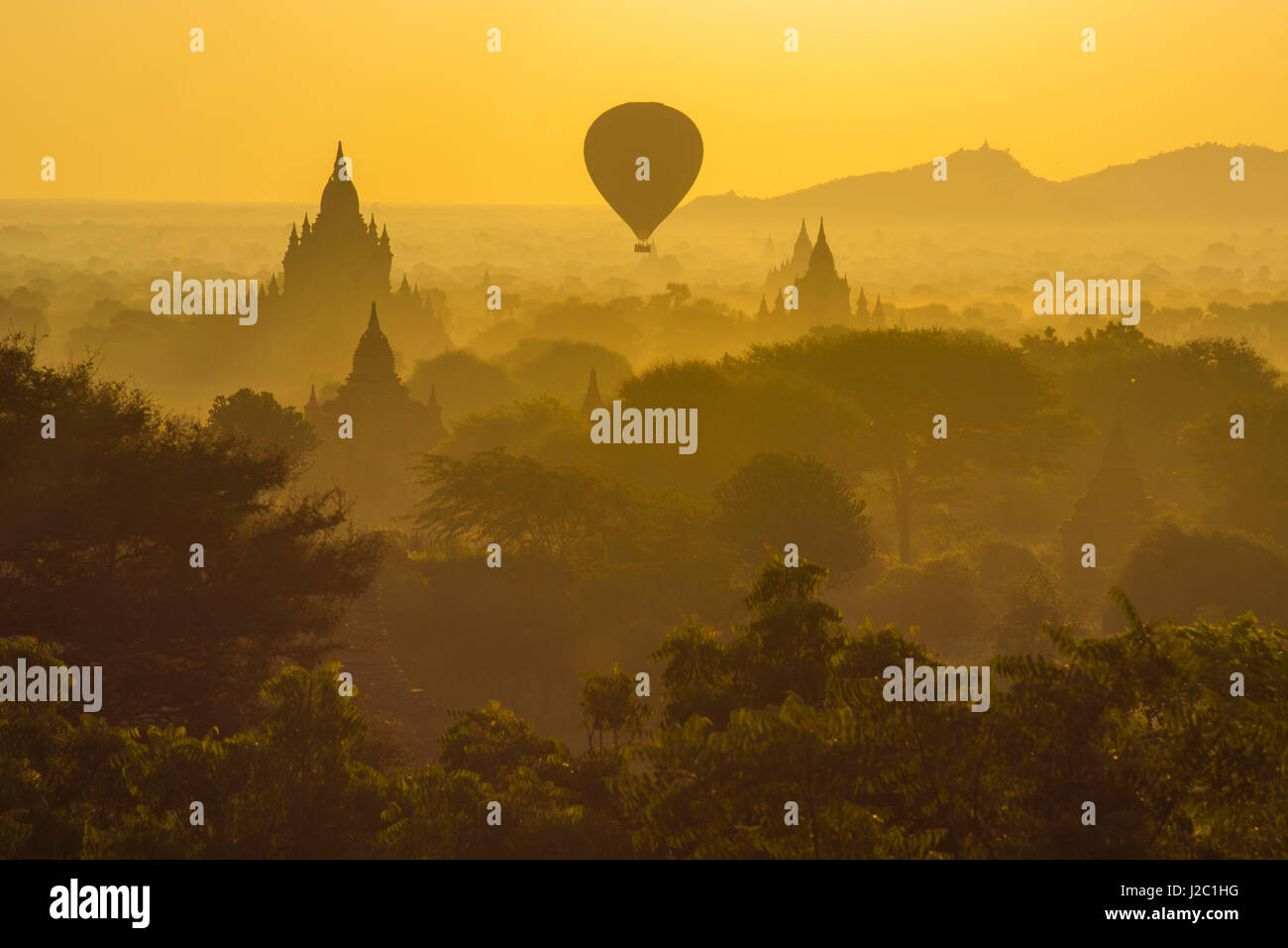 Myanmar. Bagan. Hot air balloons rising over the temples of Bagan Stock ...