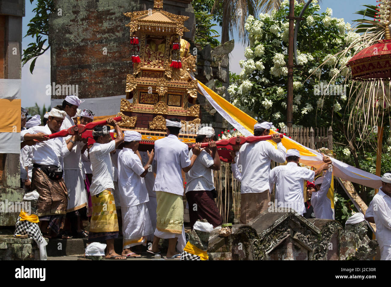 Indonesia, Bali. Villagers depart following sacred celebration at Hindu ...
