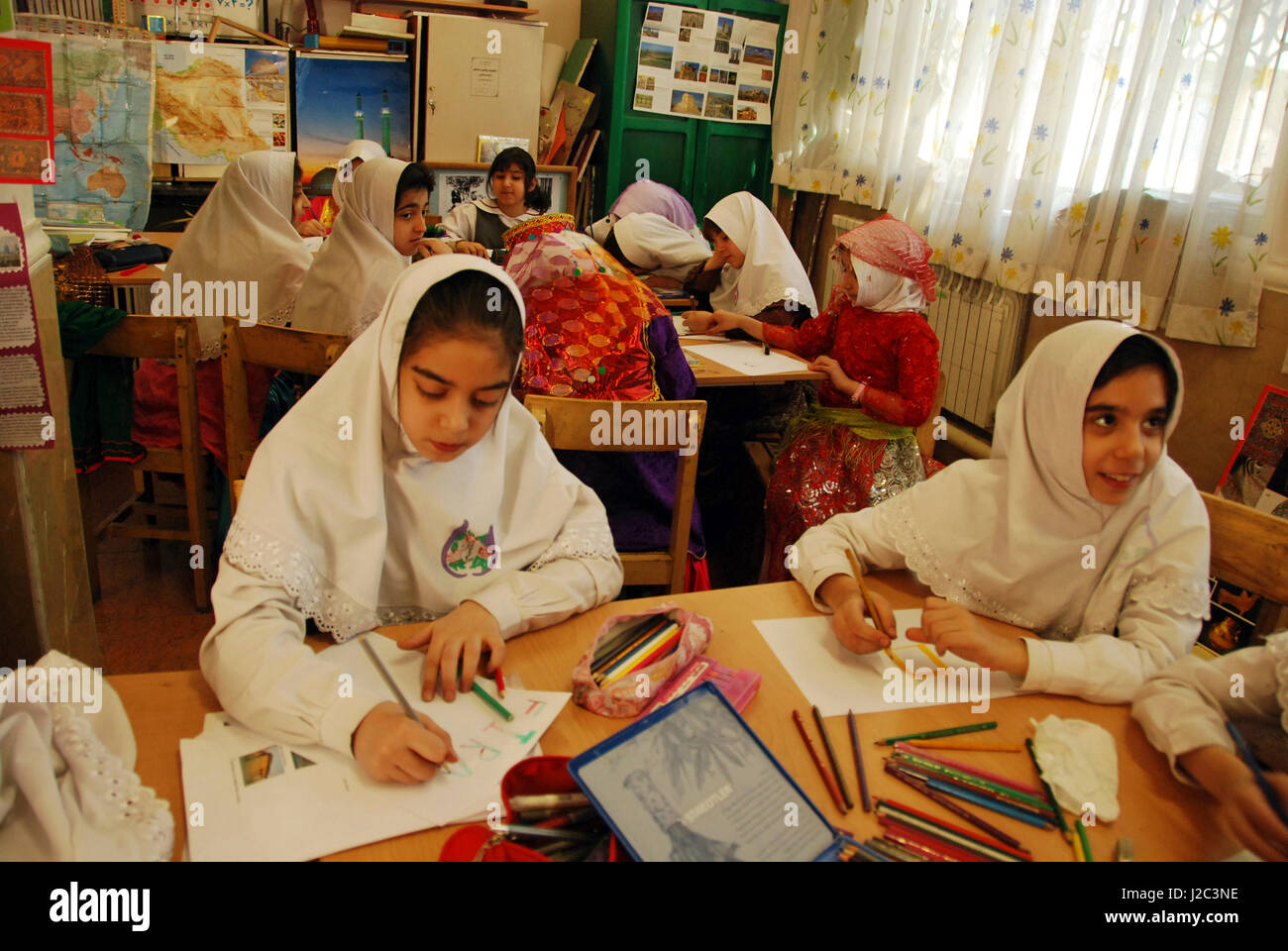 Iran, Tehran, children drawing in class during Art in All of Us ...