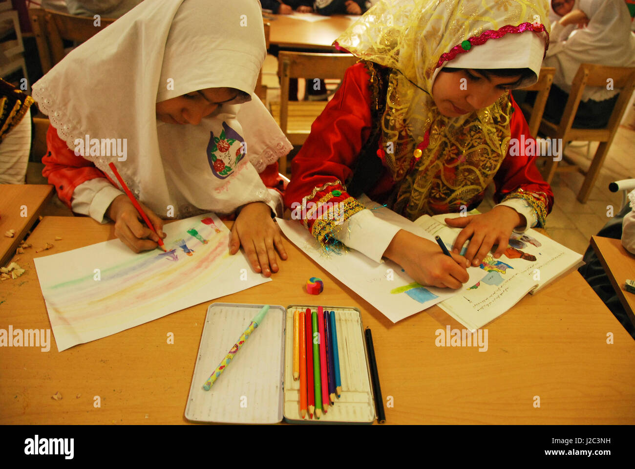 Iran, Tehran, children drawing in class during Art in All of Us ...