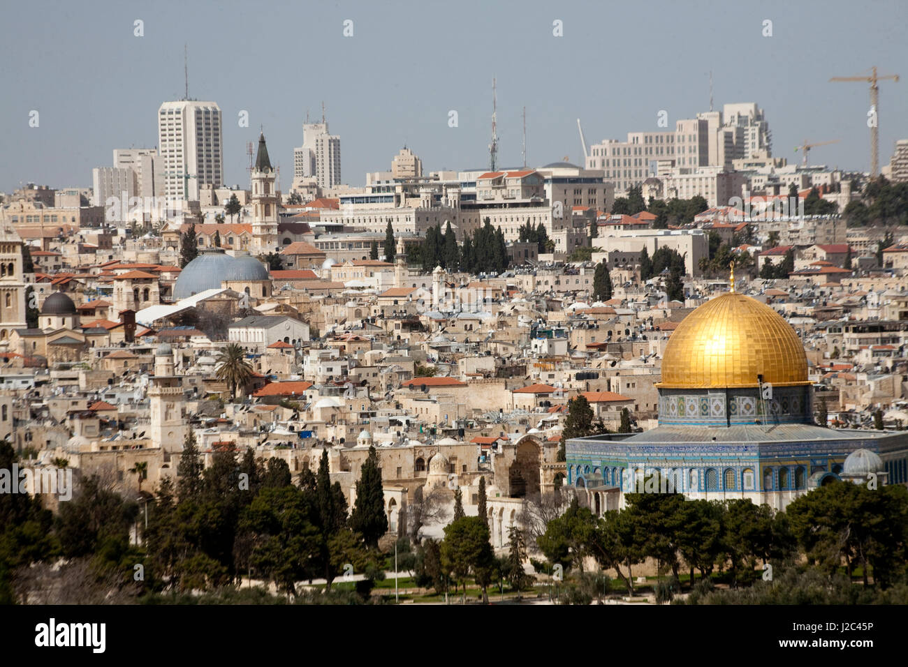 View of ancient walled city of Jerusalem with Golden Dome of the Rock ...