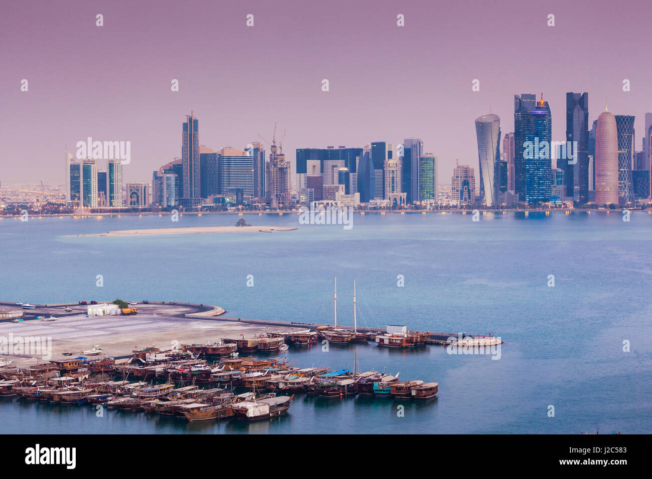 Qatar, Doha, Doha Bay, West Bay, elevated view with Dhow Harbor, dawn ...