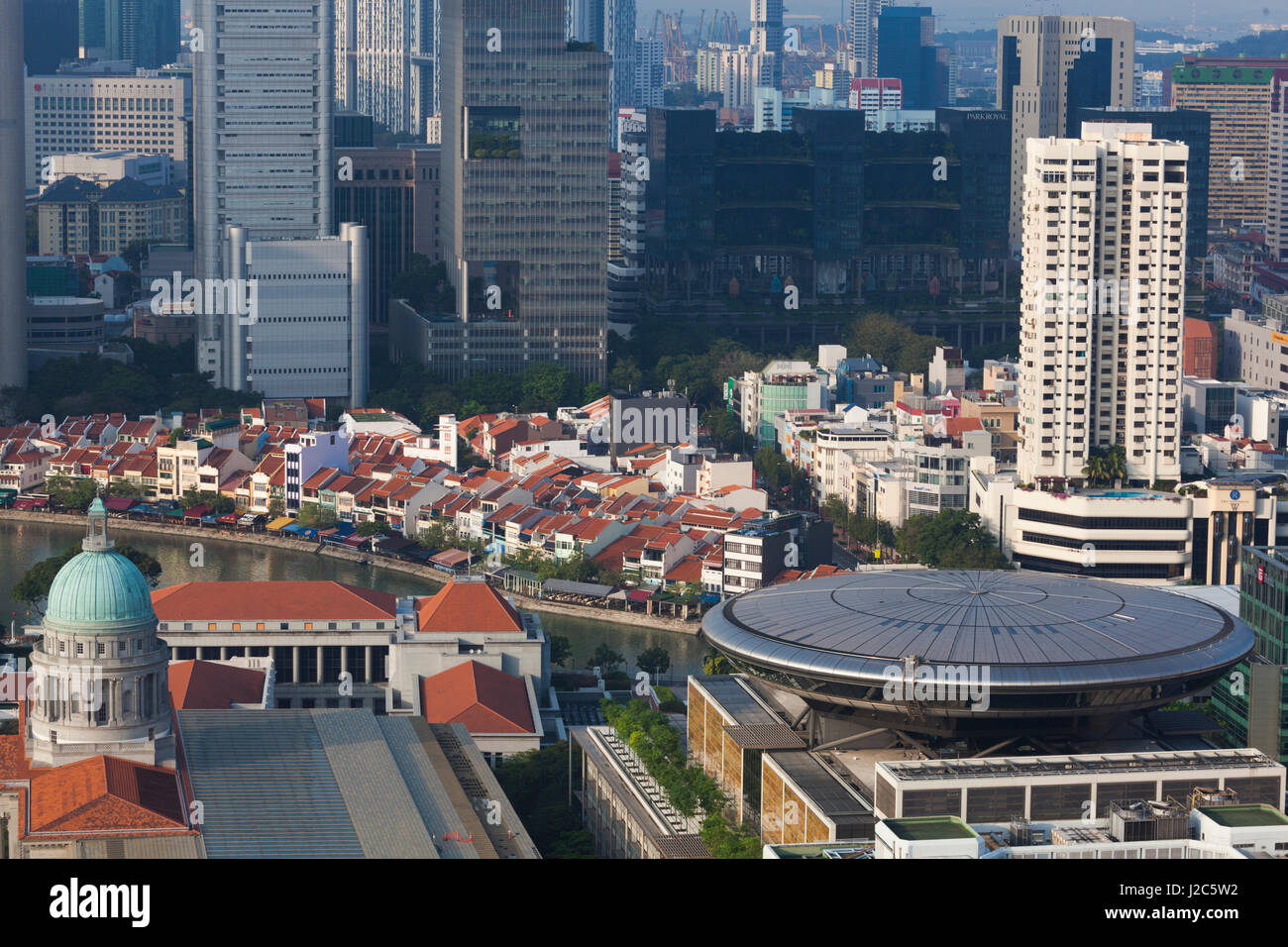 Singapore, city skyline elevated view above the Marina Reservoir, dawn ...