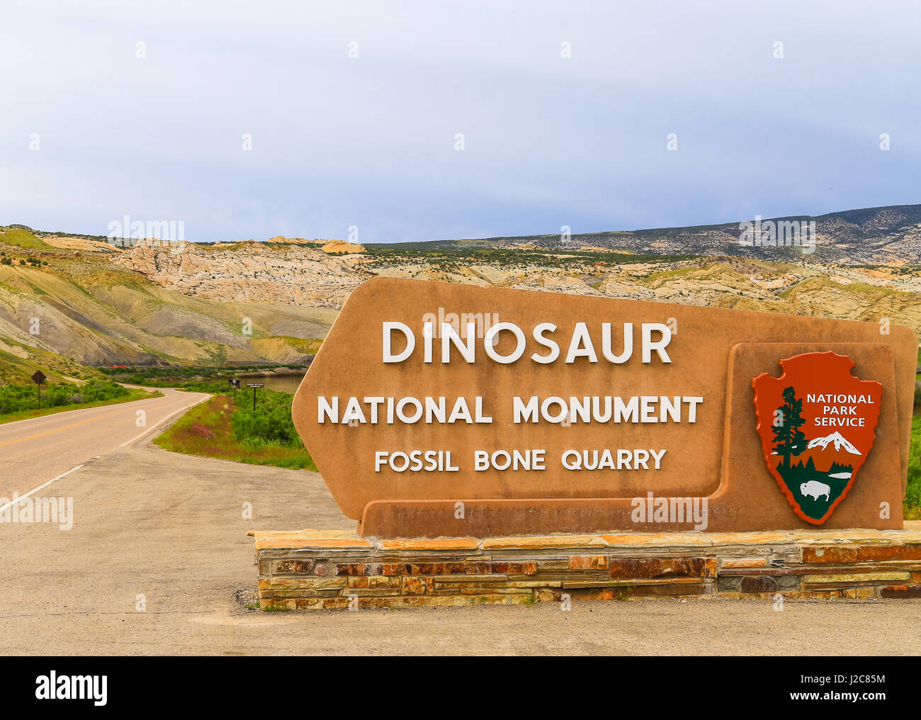 Jensen, USA - May 29, 2016: Entrance sign of the Dinosaur National ...