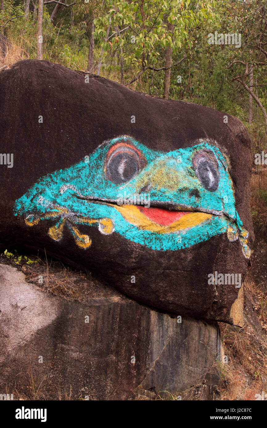 A giant green tree frog painted on a boulder on the side of the Gillies ...