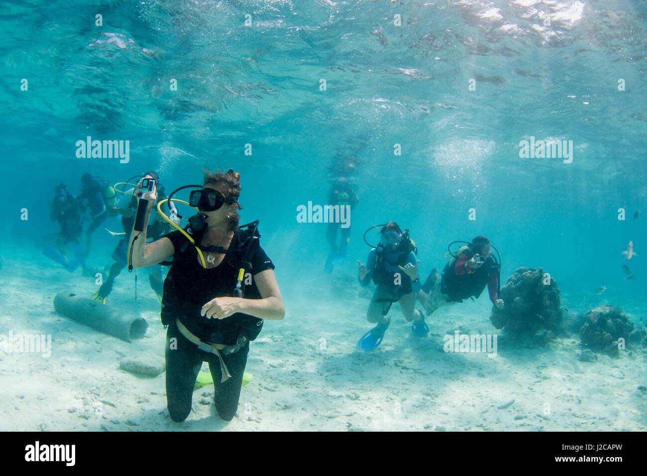 Scuba divers heading out for a dive from the shoreline of the Bay of ...