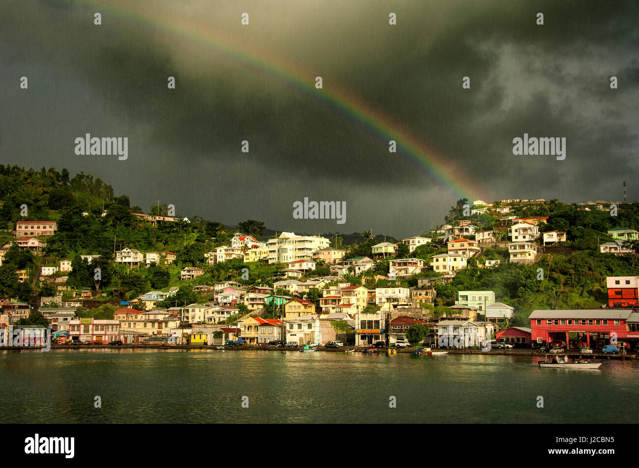 St. George's, Grenada. Rainbow after storm on the waterfront Stock ...
