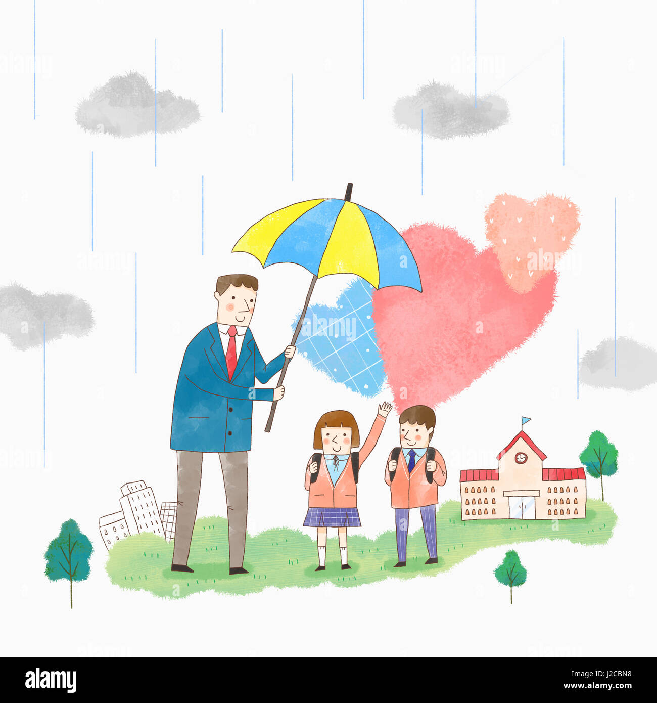 Smiling.man protecting students from rain Stock Photo - Alamy