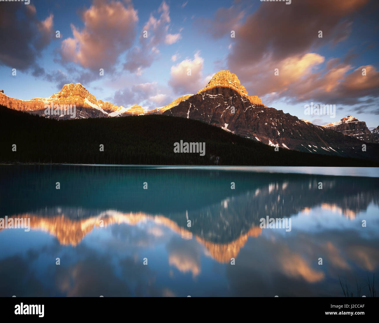 Canada, Alberta, Banff National Park, Mount Chephren reflects in a lake ...