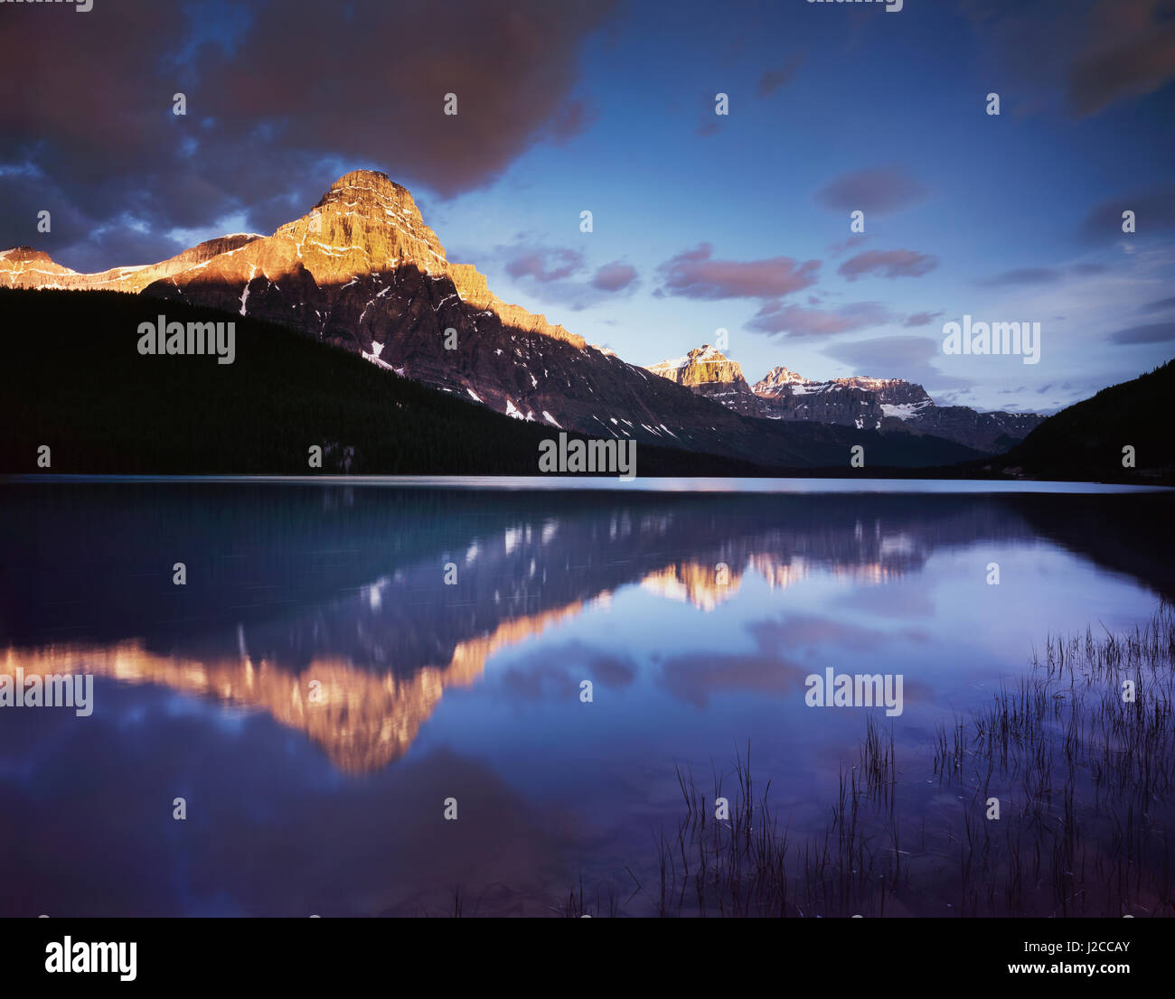 Canada, Alberta, Banff National Park, Mount Chephren reflects in a lake ...