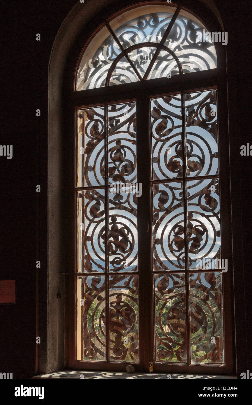 Georgia, Gori. A window at the Joseph Stalin Museum, with intricate ...