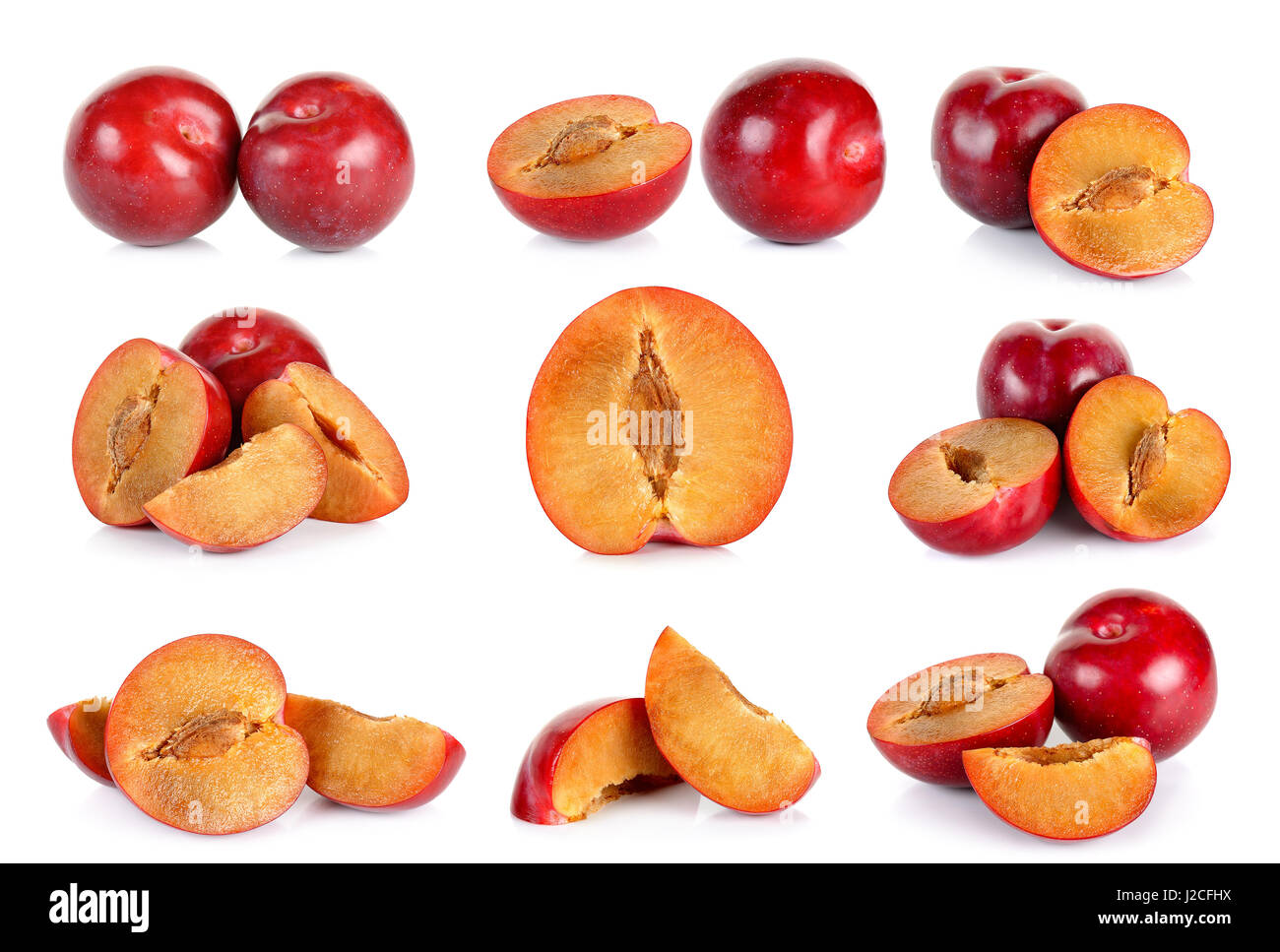 Set Red plum fruit isolated on white background Stock Photo - Alamy