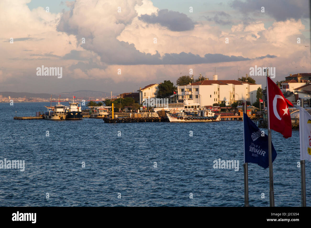 Turkey, Sea of Marmara. Turkish red flag flying from the Prince Islands ...