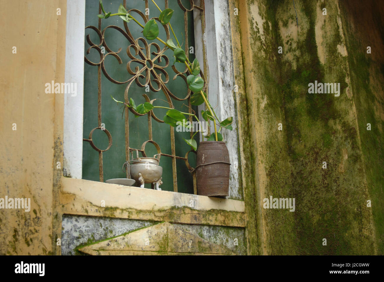 Asia, Vietnam. Old window with plants and vases, Quan Cong's Temple ...