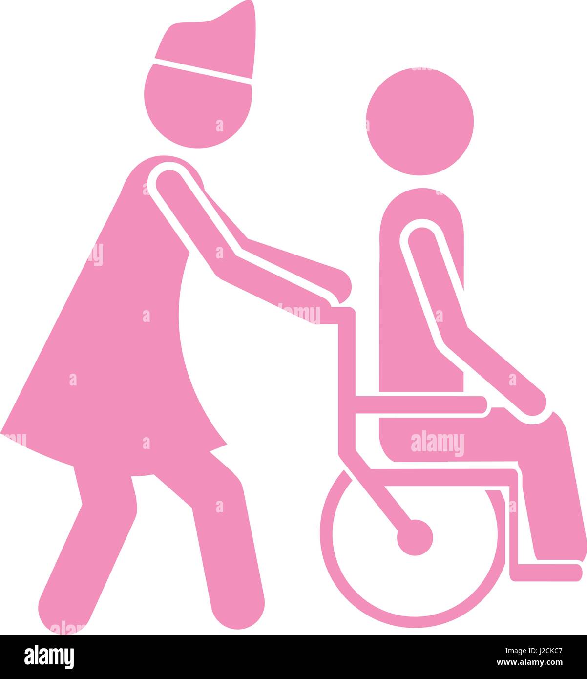 Color Silhouette Nurse Helping Another Person Push A Wheelchair Stock